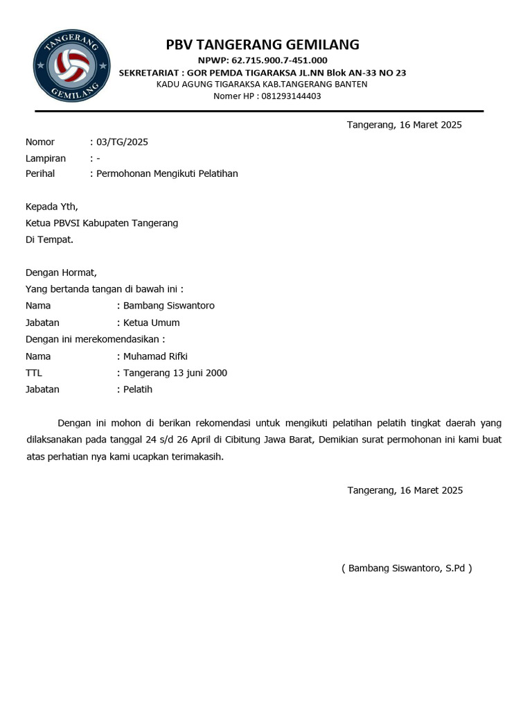 Surat Permohonan Pelatihan TG | PDF