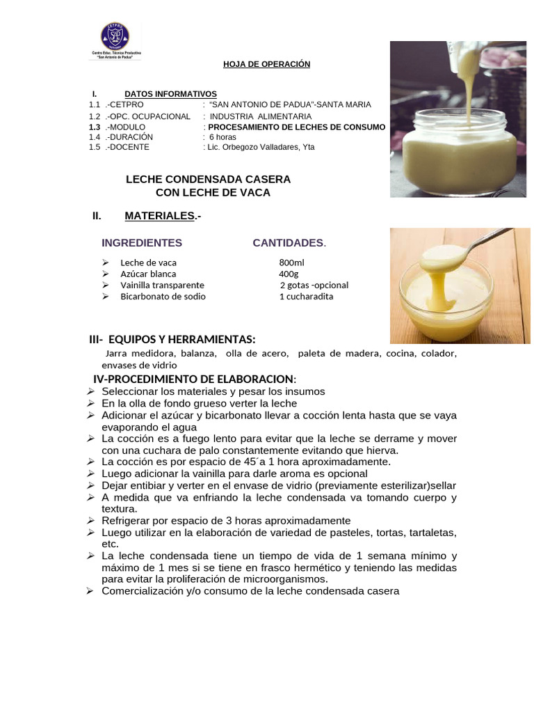 HOJA DE OPERACION - Leche Condensada - Crema Volteada | PDF | Alimentos