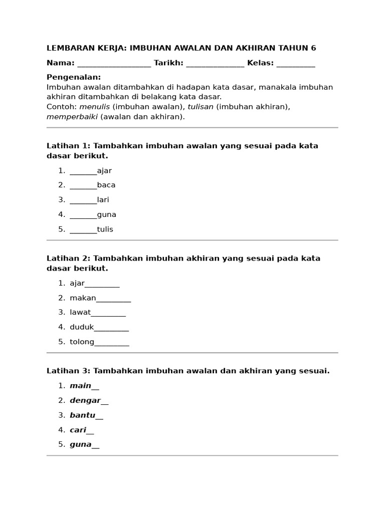 Latihan Imbuhan Awalan dan Akhiran | PDF