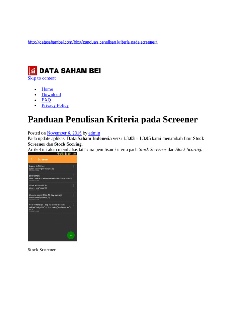 Panduan Kriteria Screener Saham | PDF