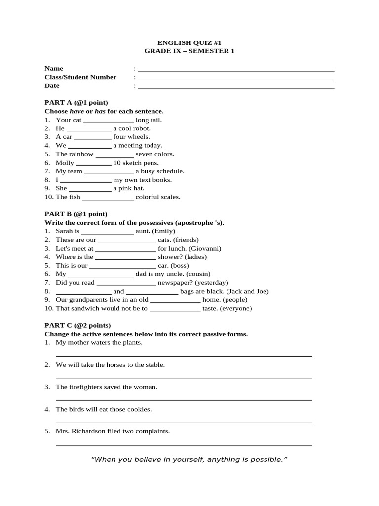 English Quiz 1 | PDF