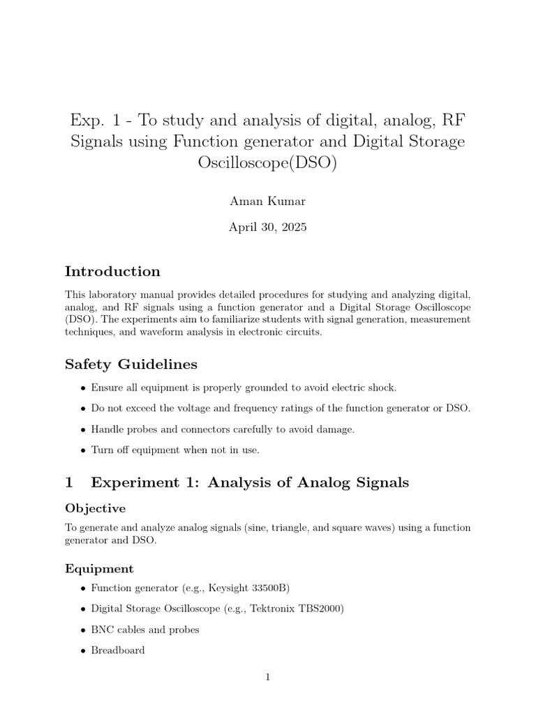 Exp 1 To Study and Analysis of Digital Analog RF Signals Using Function Generator and Digital ...