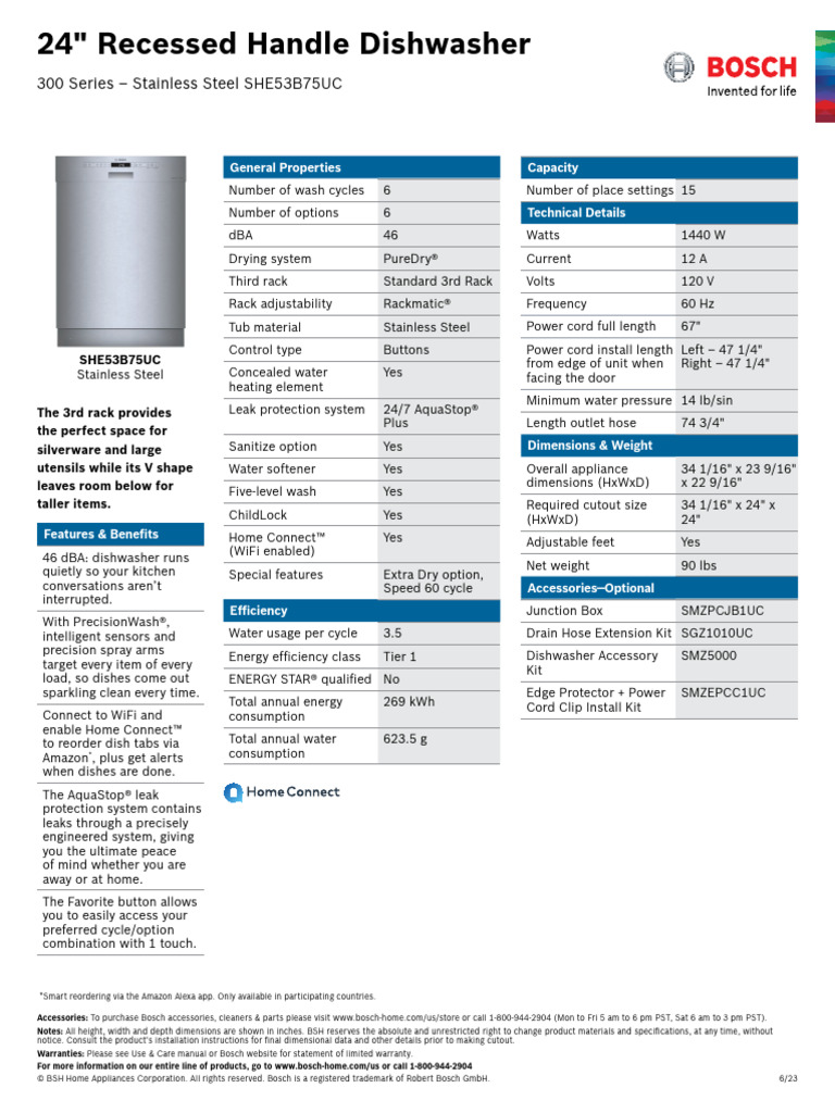SHE53B75UC - Product Specifications | PDF | Dishwasher | Manufactured Goods