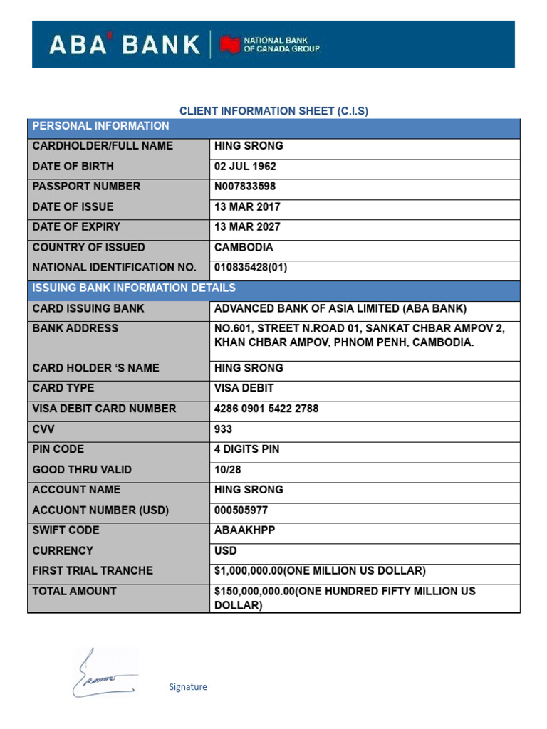 Cis Aba Debit Card Hing Srong Feb-2025 | PDF