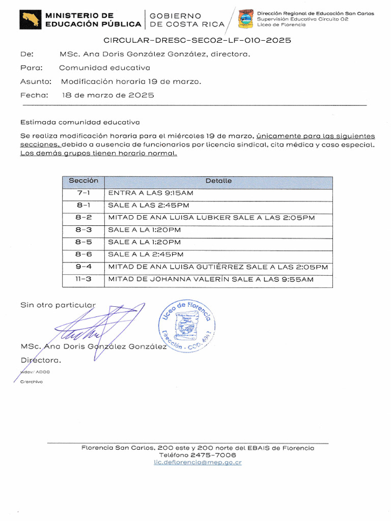 Circular-Dresc-Sec02-Lf-010-2025-Modificación Horaria 19 de Marzo | PDF