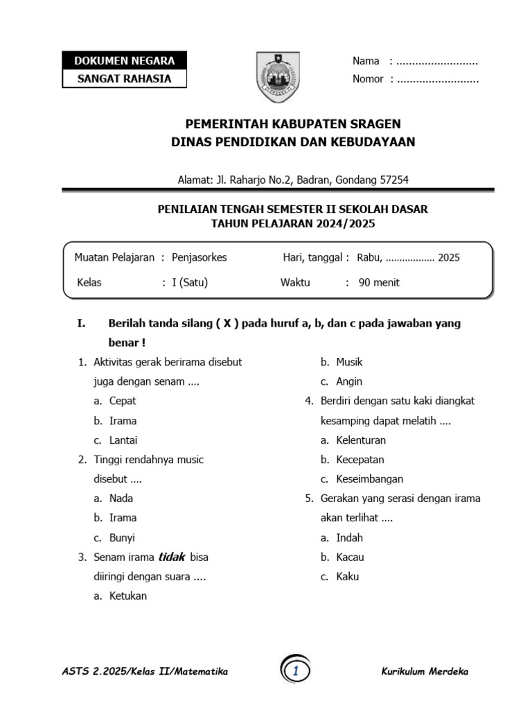 Soal PTS Pjok Kelas 1 Edit | PDF