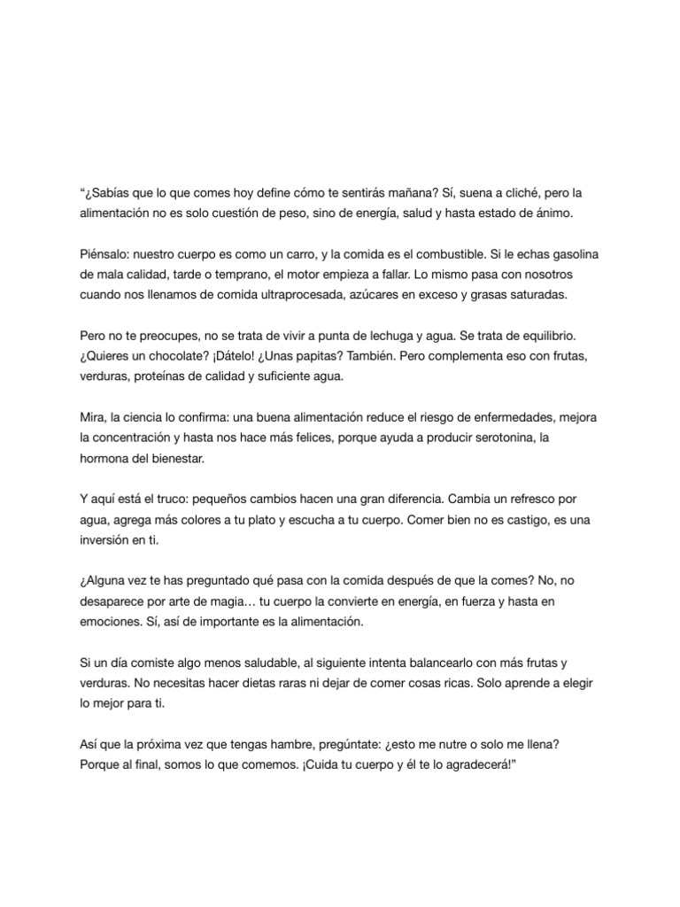 Sabías que lo que comes hoy define cómo te sentirás mañana Sí, suena… 2 | PDF
