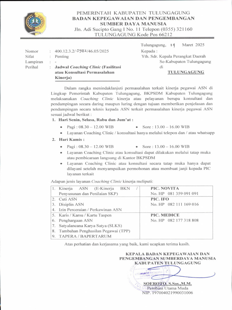 Jadwal Coaching Clinic BKPSDM 140325 | PDF