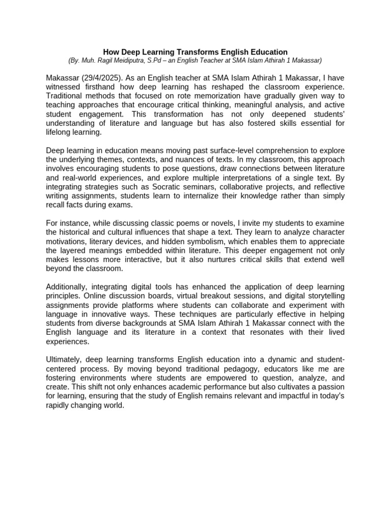 Deep Learning in English Education | PDF | Learning | Liberal Arts ...