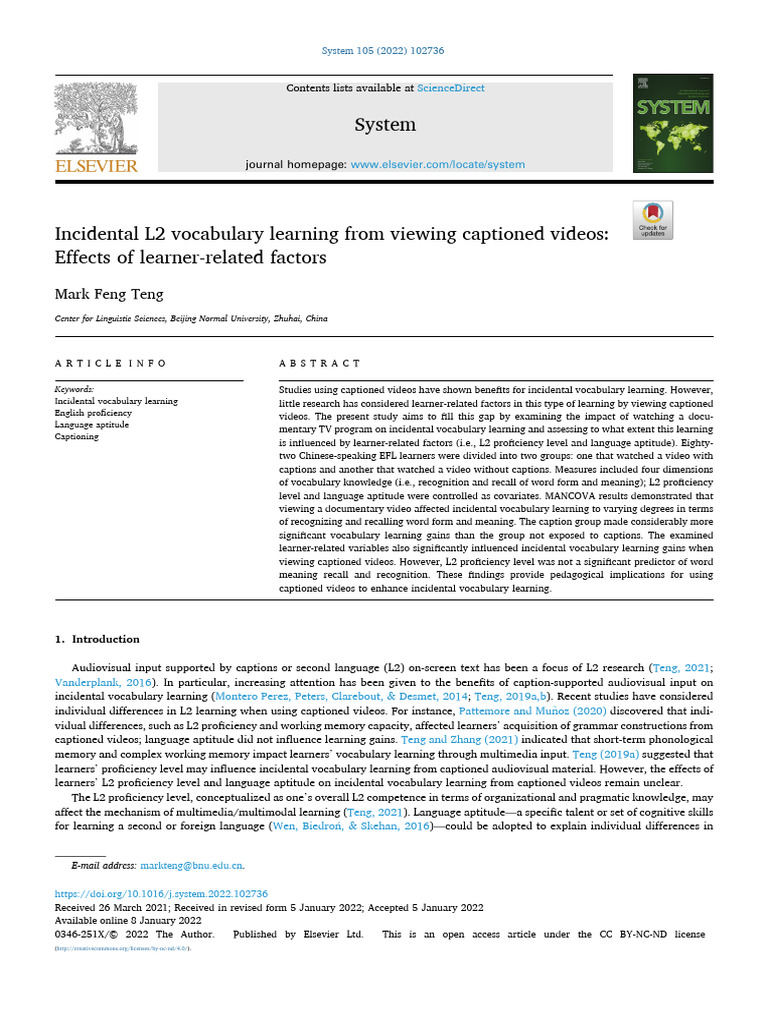 Incidental L2 Vocabulary Learning From Viewing Captioned Videos Effects of Learner-Related ...