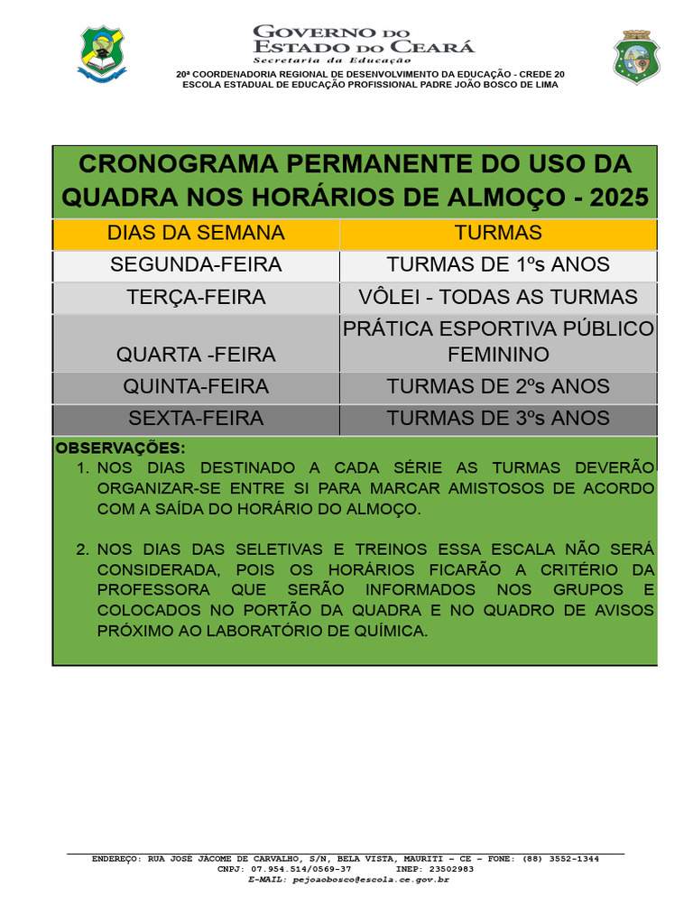 Horários Da Quadra Nos Intervalos | PDF