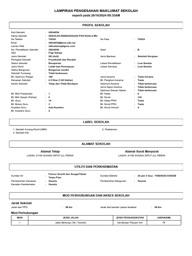 Lampiran Pengesahan Maklumat Sekolah - Okt 2024 | PDF
