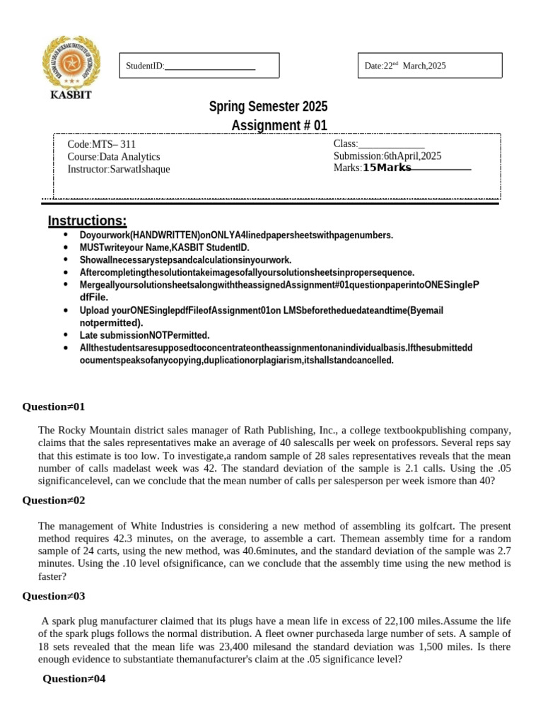 Data Analytics Assignment Questions From Kasbit | PDF | Mean | Standard Deviation