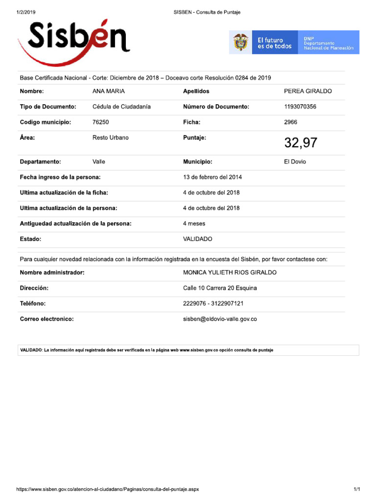 Consulta Del Puntaje Sisbén | PDF