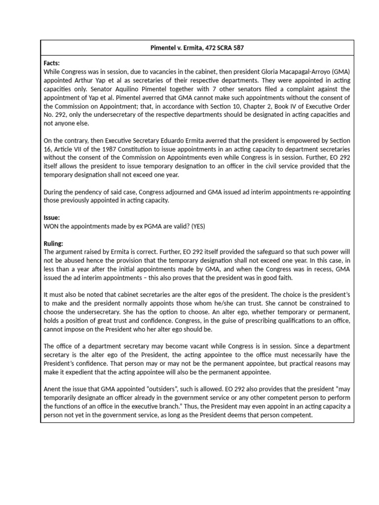 Pimentel v. Ermita, 472 SCRA 587 | PDF | Constitutional Law | Governance