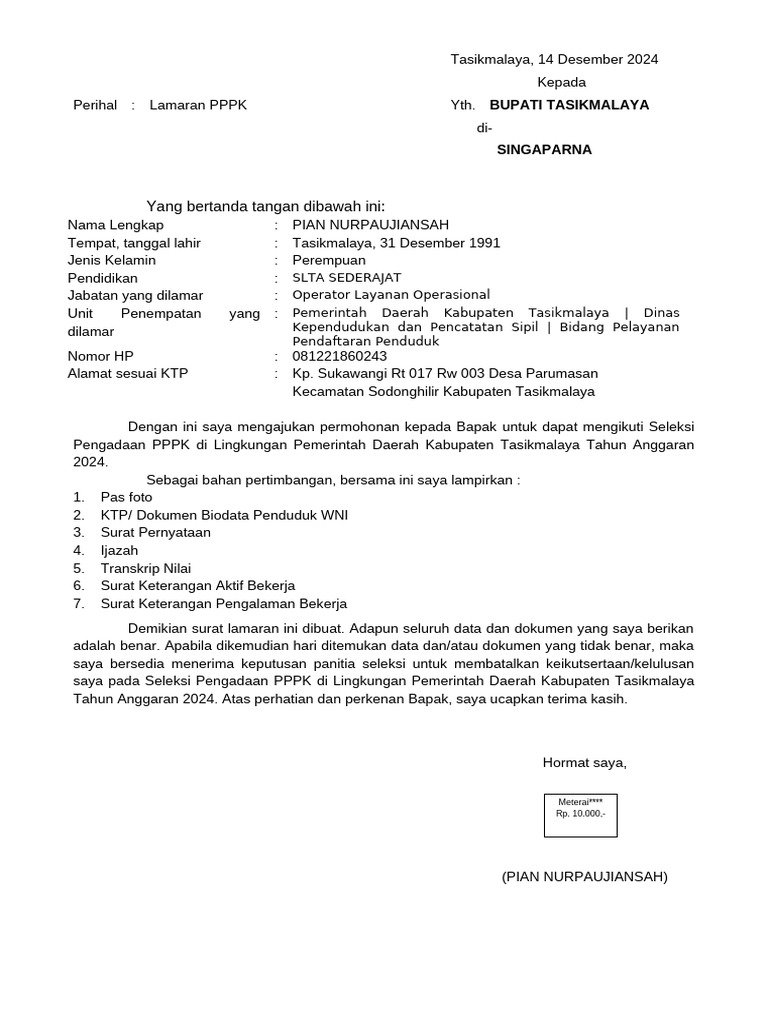 Surat Lamaran PPPK Teknis 2024 Pian | PDF