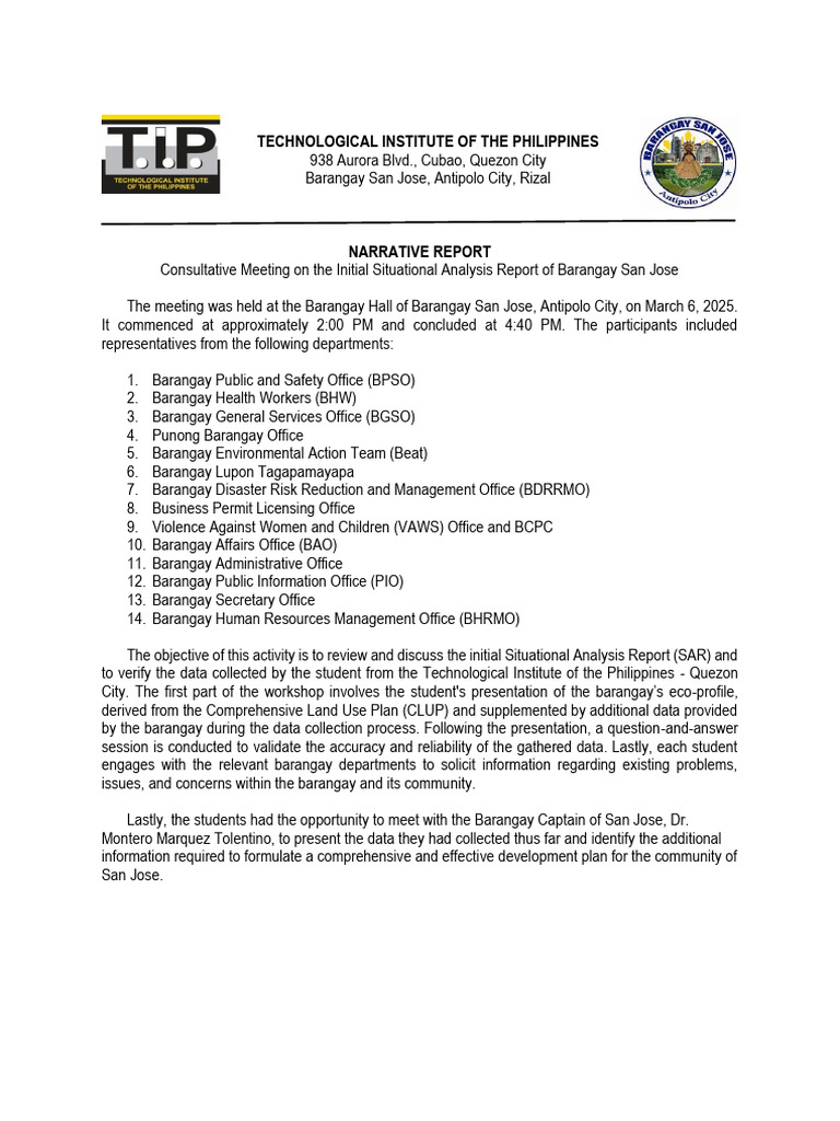Narrative Report - Barangay San Jose | PDF