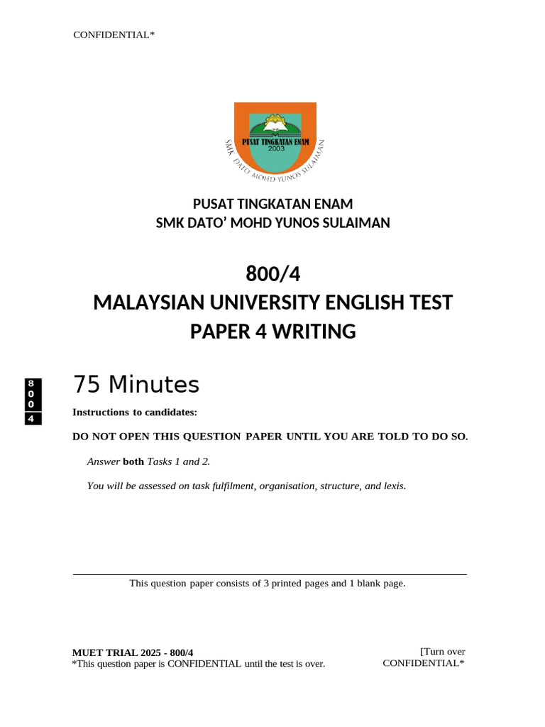 MUET 2025 Trial Writing Paper 4 | PDF