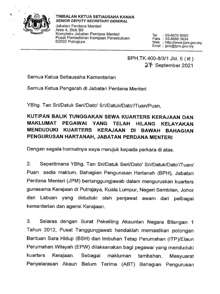 Surat Edaran Hilang Kelayakan Menduduki Kuarters BPH Tahun 2021 | PDF