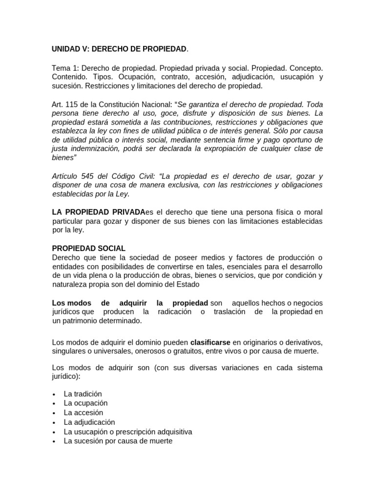 UNIDAD V Derecho de Propiedad | PDF | Propiedad | Posesión adversa