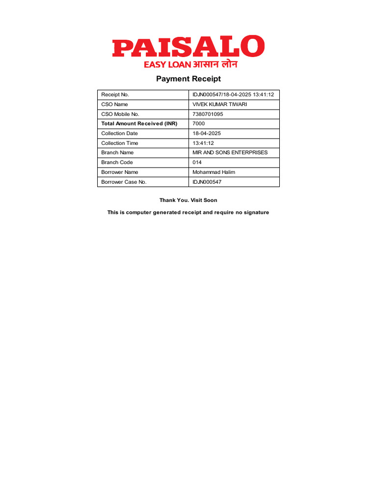 Payment Receipt: Total Amount Received (INR) | PDF