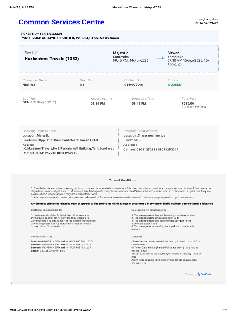 Bus Ticket Confirmation: Majestic to Sirwar | PDF | Transport | Public ...