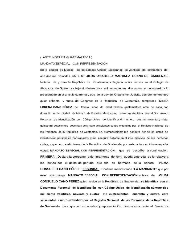Mandato Especial Proveniente Del Extrajero A Favor Vilma Consuelo Cano ...