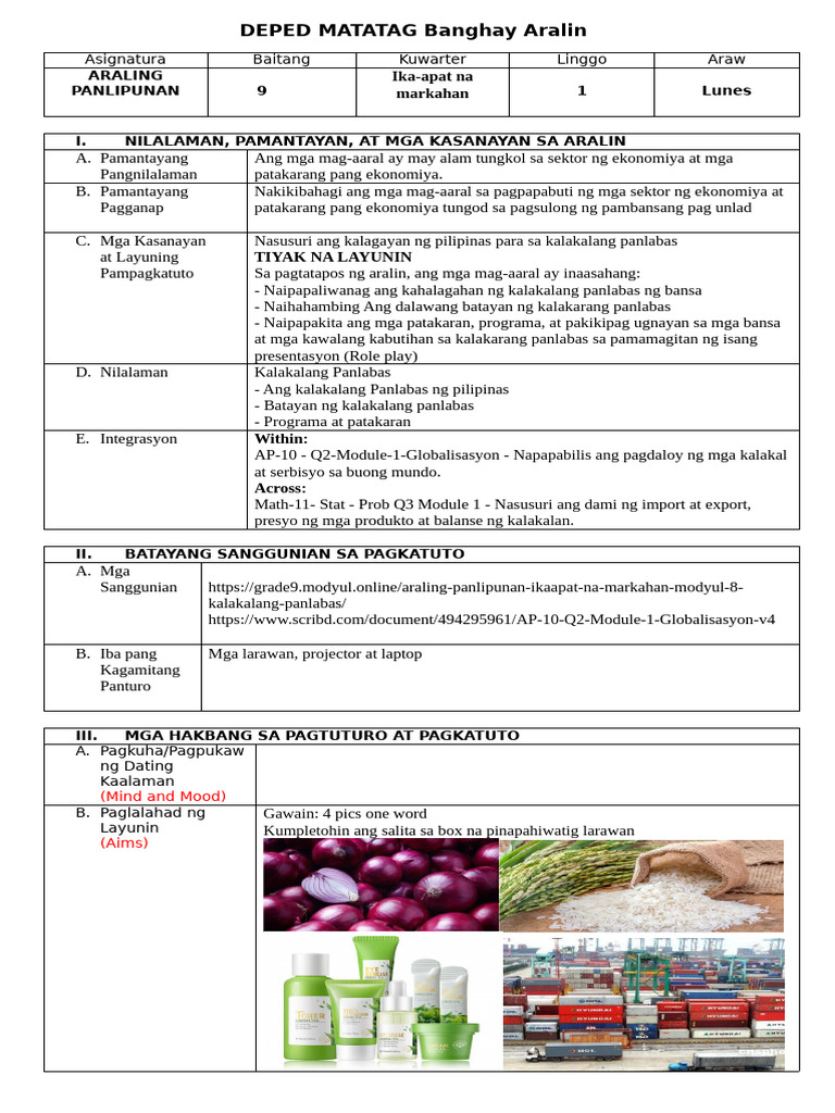 DepEd Matatag BANGHAY ARALIN AP TEMPLATE Blank | PDF