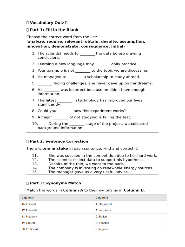 Vocabulary Quiz: Fill-in-the-Blank & Corrections | PDF | Cognition ...