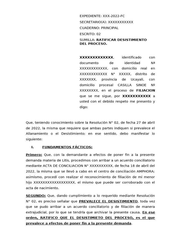 Escrito - Ratifico Desistimiento | PDF | Demanda judicial | Justicia