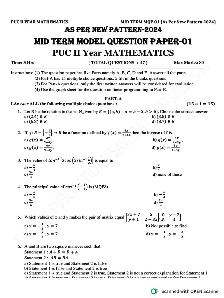2nd Puc Maths Midterm Examination Paper 2024 | PDF
