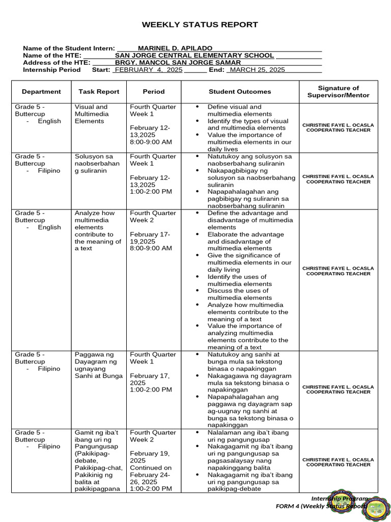 Internship-Form-4-Weekly-Status-Report | PDF