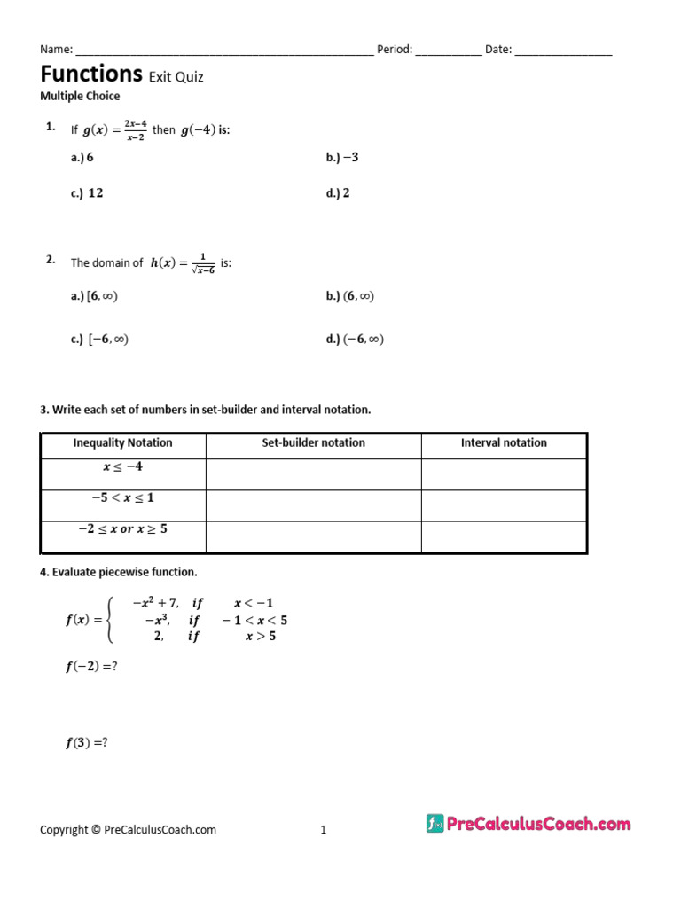 1 1 Exit Quiz Functions | PDF | Function (Mathematics) | Mathematical ...