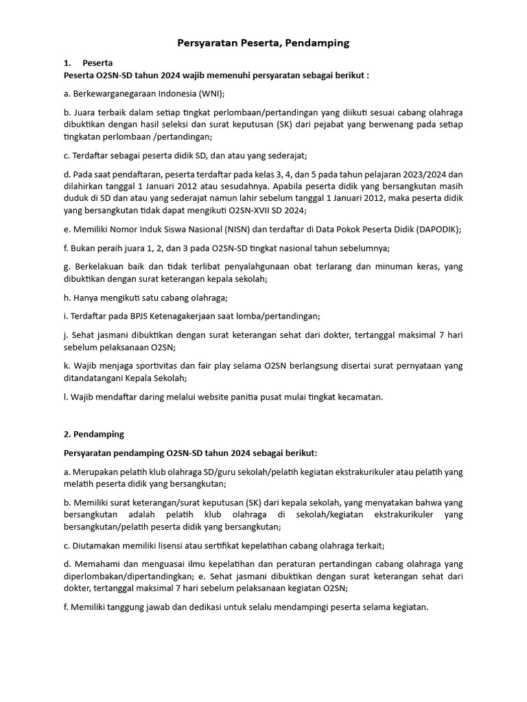 Persyaratan Peserta dan pendamping O2SN- | PDF