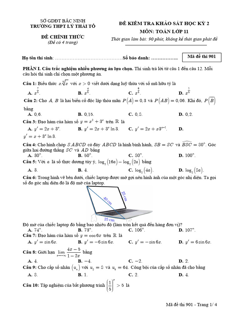 De Hoc Ky 2 Toan 11 Nam 2024 2025 Truong THPT Ly Thai To Bac Ninh | PDF