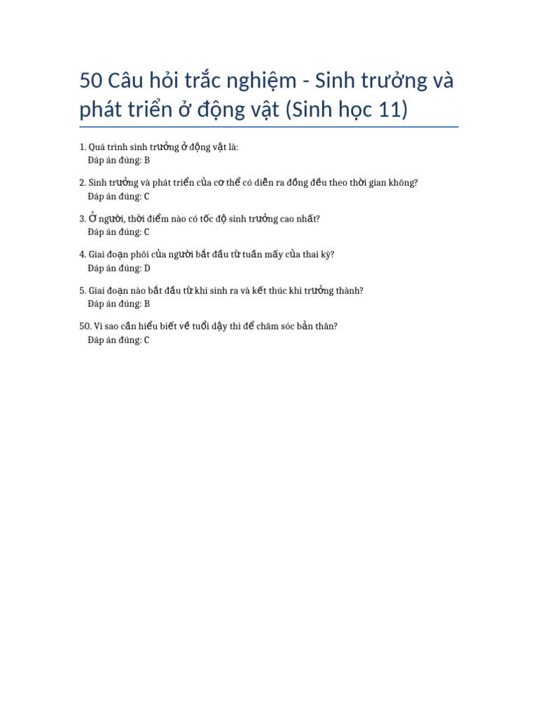 50 Cau Hoi Trac Nghiem Sinh Truong Phat Trien o Dong Vat | PDF