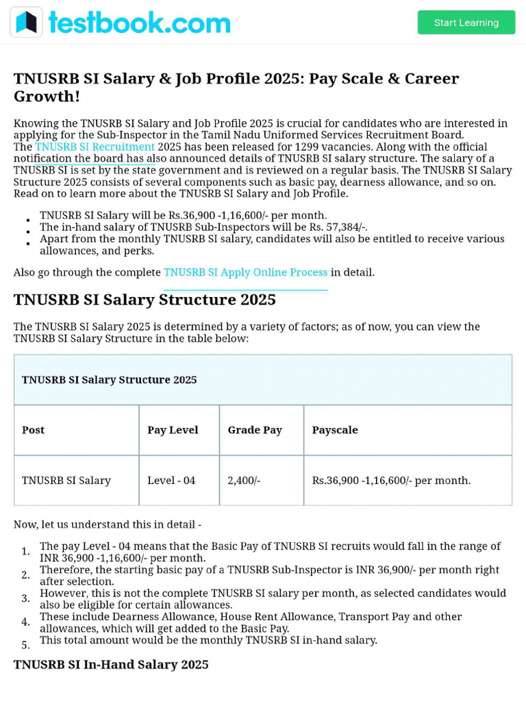 TNUSRB SI Salary & Job Profile 2025 - Pay Scale & Career Growth! | PDF