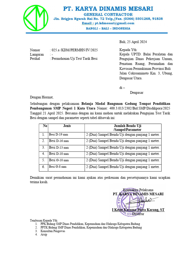 Permohonan Uji Tarik Besi SMP Negeri 1 Kuta Utara | PDF