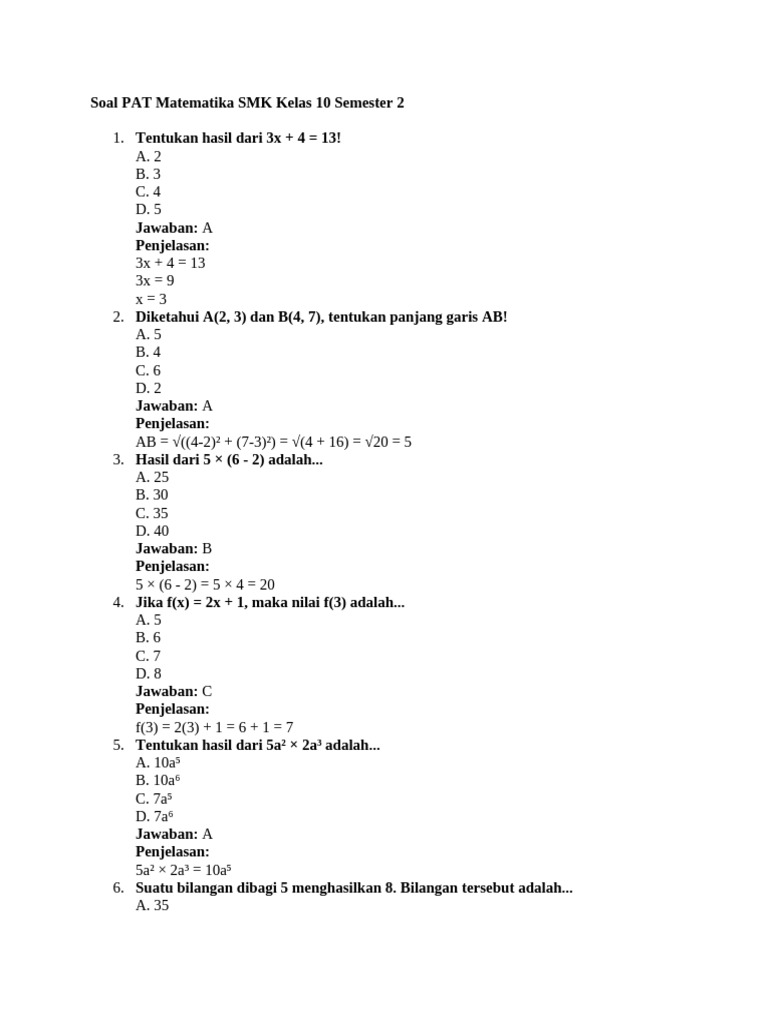 Soal PAT Matematika SMK Kelas 10 Semester 2 New | PDF
