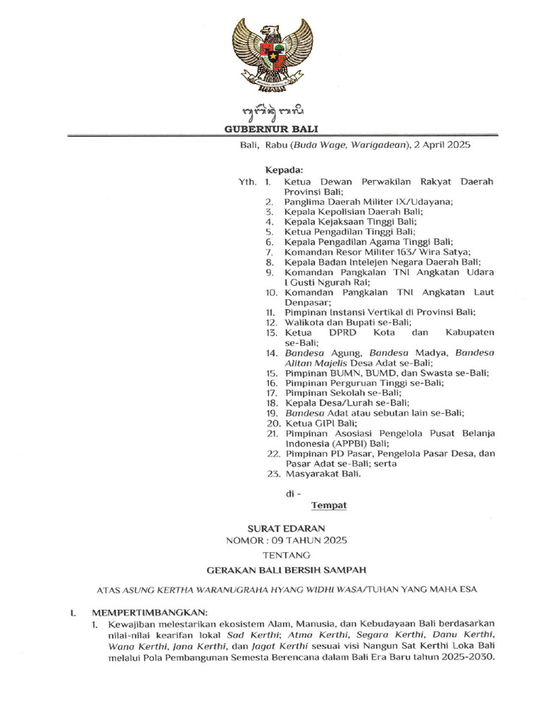 26 - Surat Edaran Gubernur Bali Nomor 09 Tahun 2025 Tentang Gerakan Bali Bersih Sampah | PDF