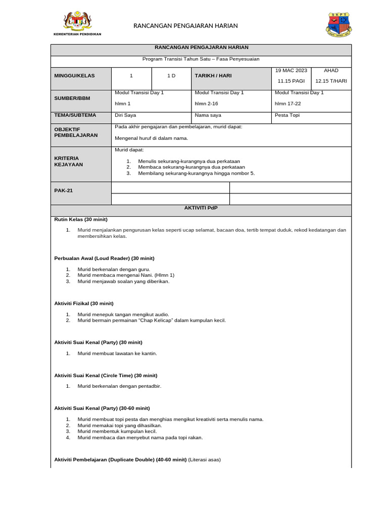 RPH Transisi M1 FIRDAUS | PDF
