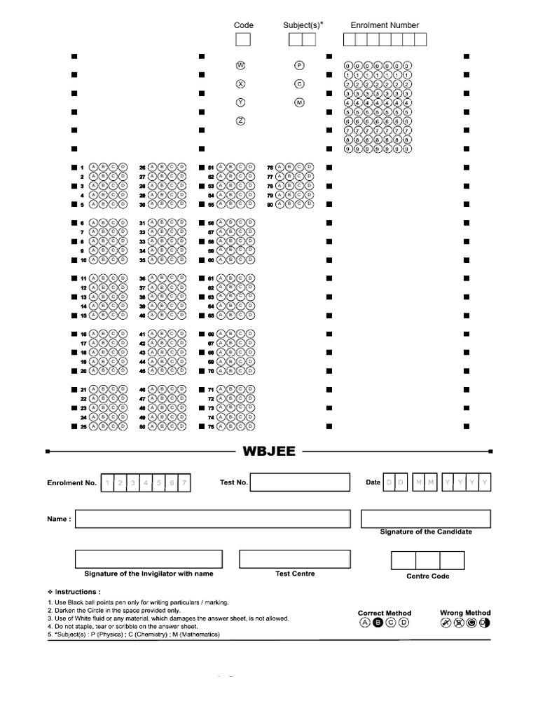 OMR Sheet For Physics and Chemistry WBJEE | PDF