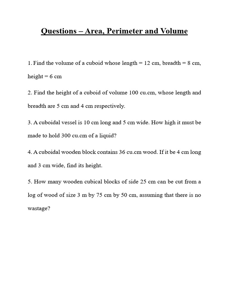 Questions - Area, Perimeter and Volume | PDF