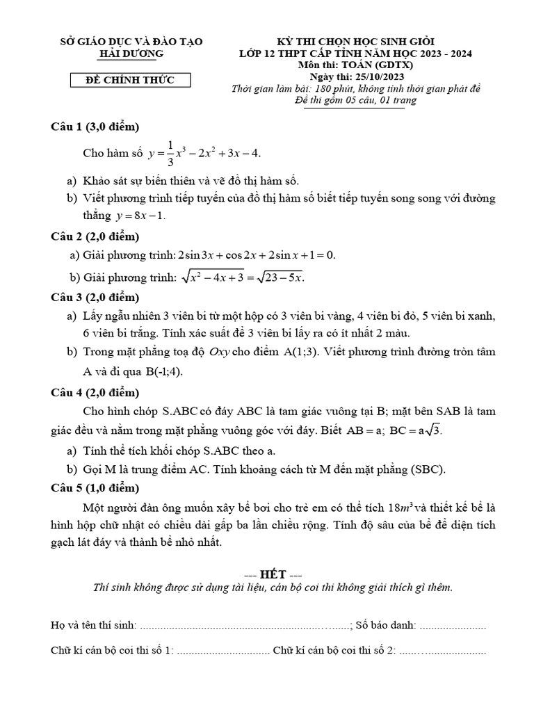 De Hoc Sinh Gioi Toan 12 GDTX Cap Tinh Nam 2023 2024 So GDDT Hai Duong | PDF