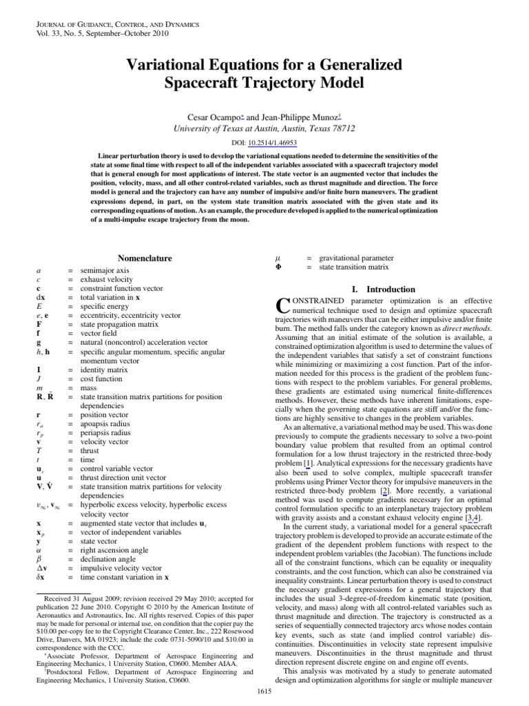 Variational Equations For A Generalized Spacecraft Trajectory Model ...