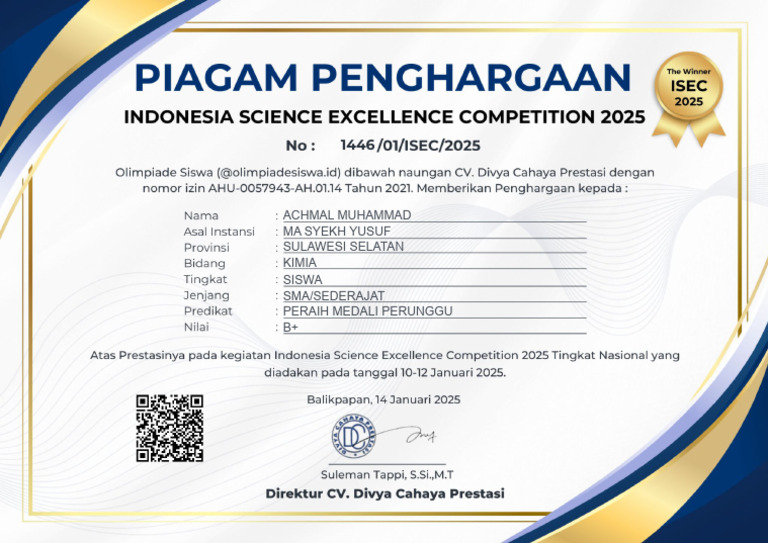 Piagam Sma Isec 2025 Achmal Muhammad | PDF