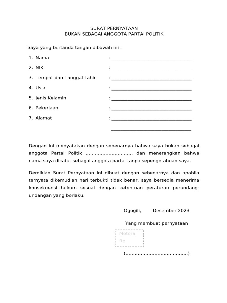 Surat Pernyataan Bukan Anggota Partai | PDF