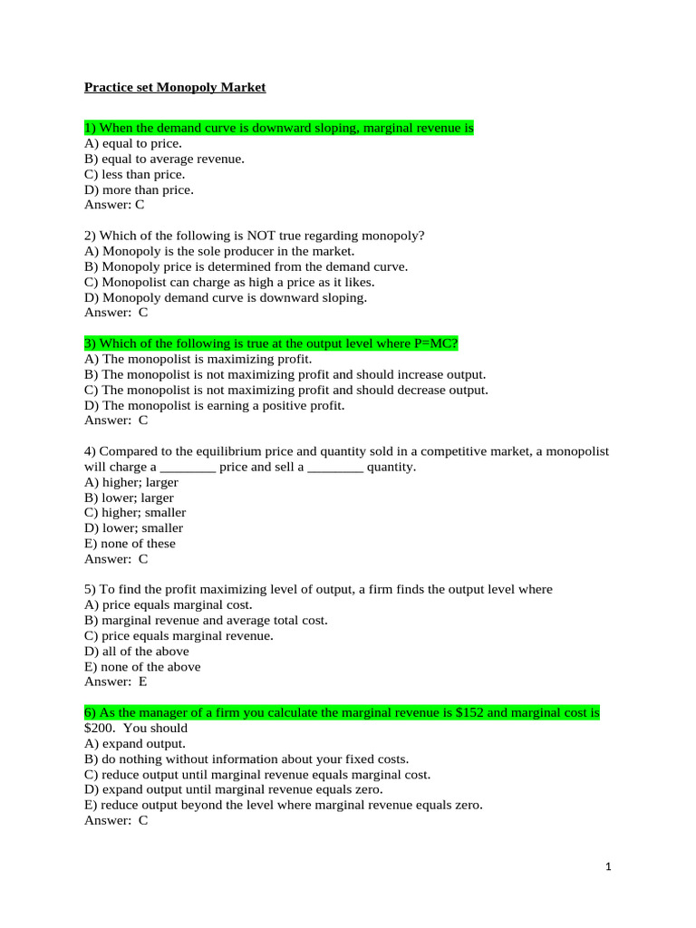 Practice Set Monopoly Market With Answer | PDF | Monopoly | Profit ...