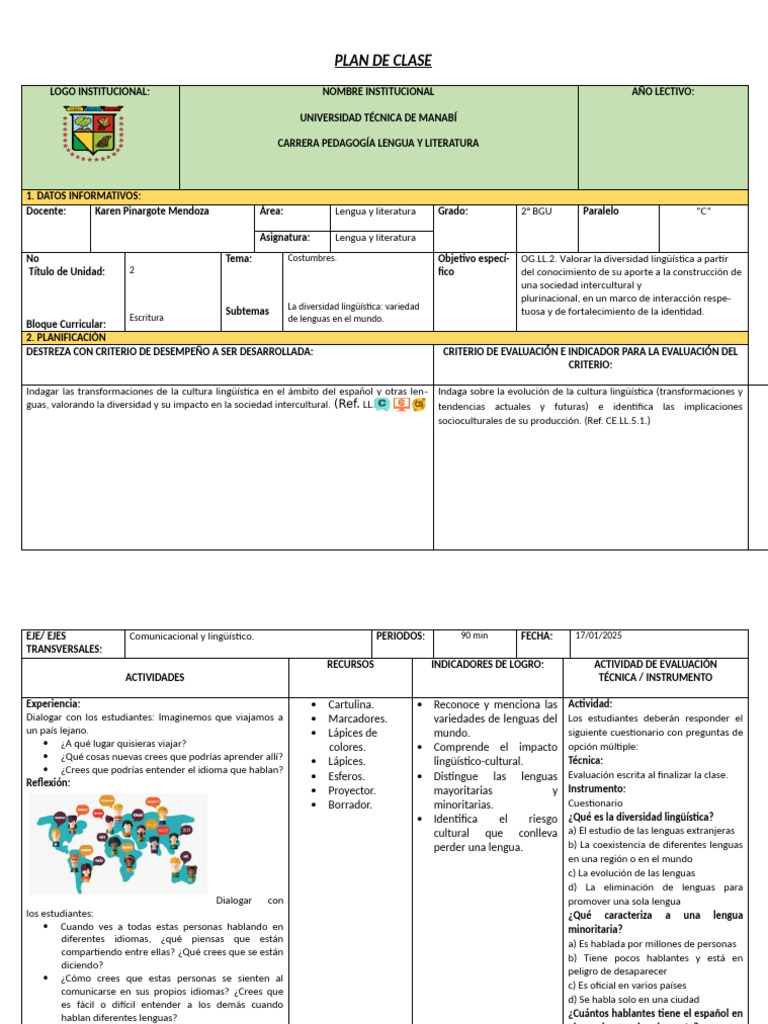 Plan de Clases | PDF | Lengua española | Lingüística