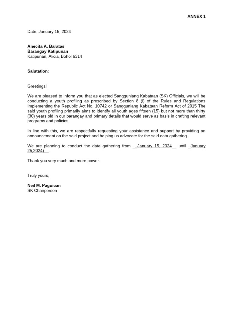 Annex 1 Letter To Punong Barangay | PDF